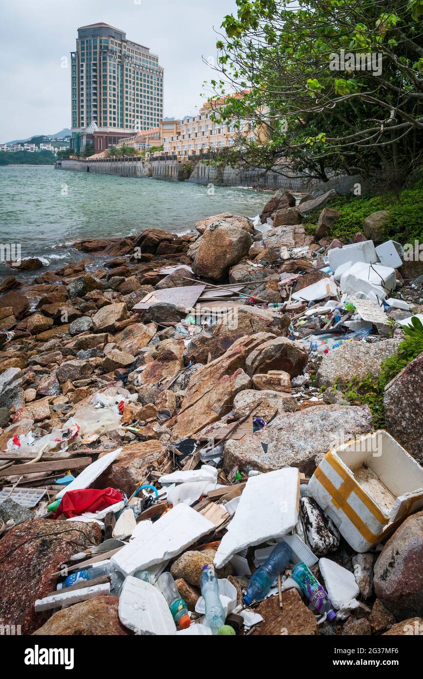 Garbage, mainly from stormwater outfall into Victoria Harbour, washed ...