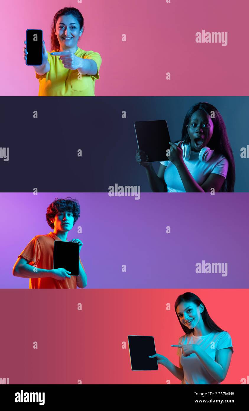 Collage of portraits of 4 different young people isolated over ...