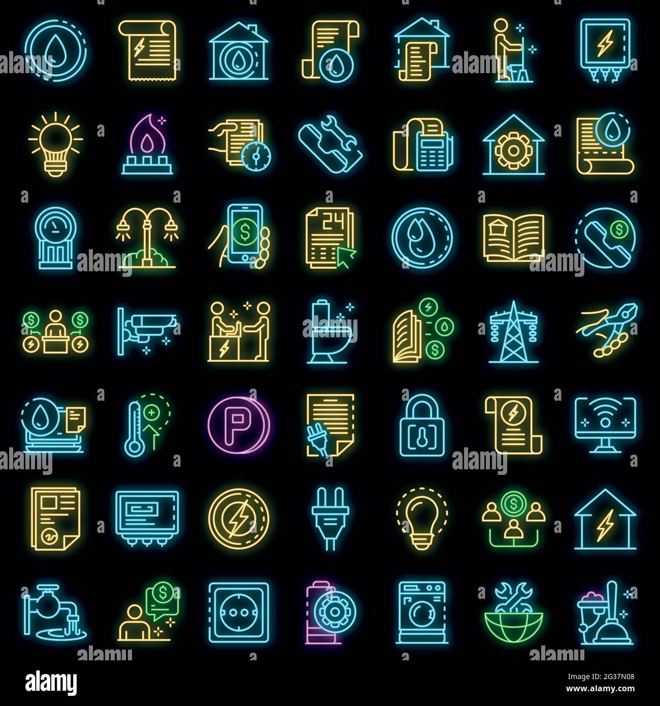 Utilities icons set. Outline set of utilities vector icons neon color ...