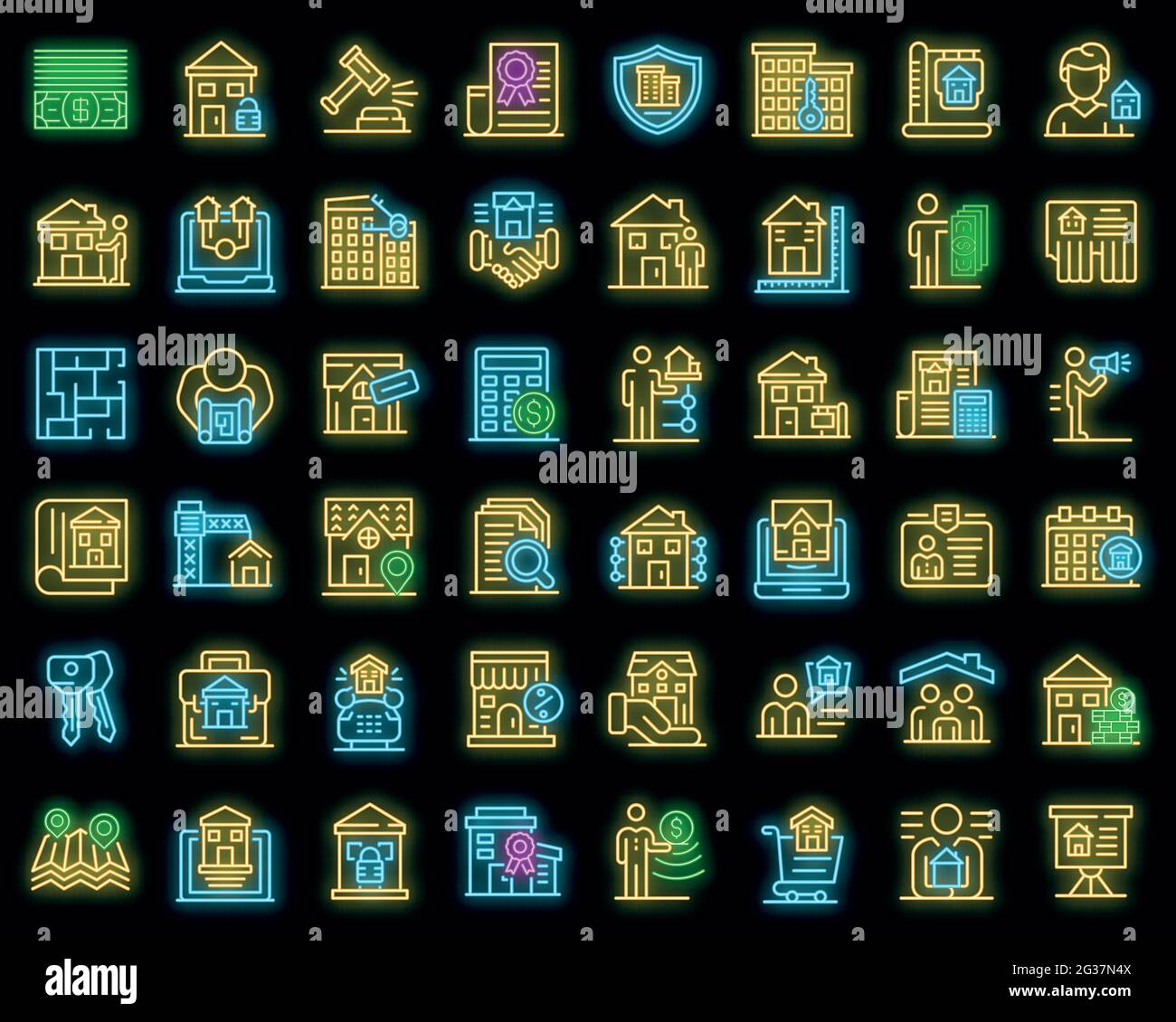 Realtor icons set. Outline set of realtor vector icons neon color on ...
