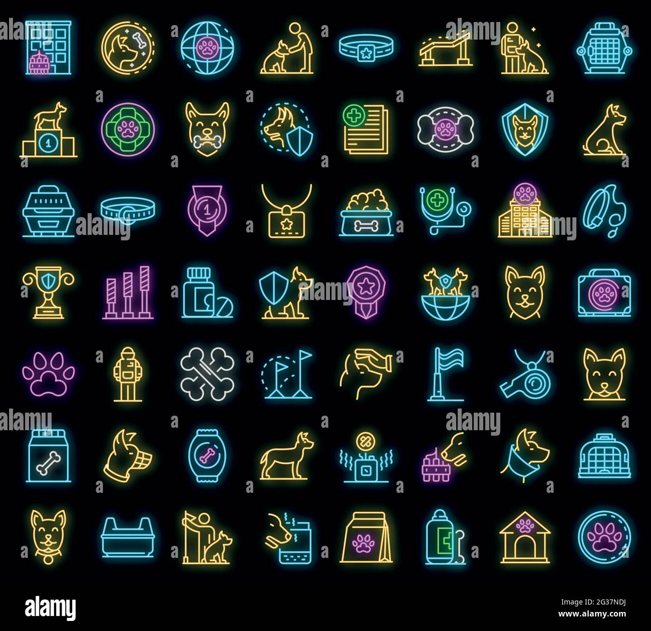 Dog handler icons set. Outline set of dog handler vector icons neon ...