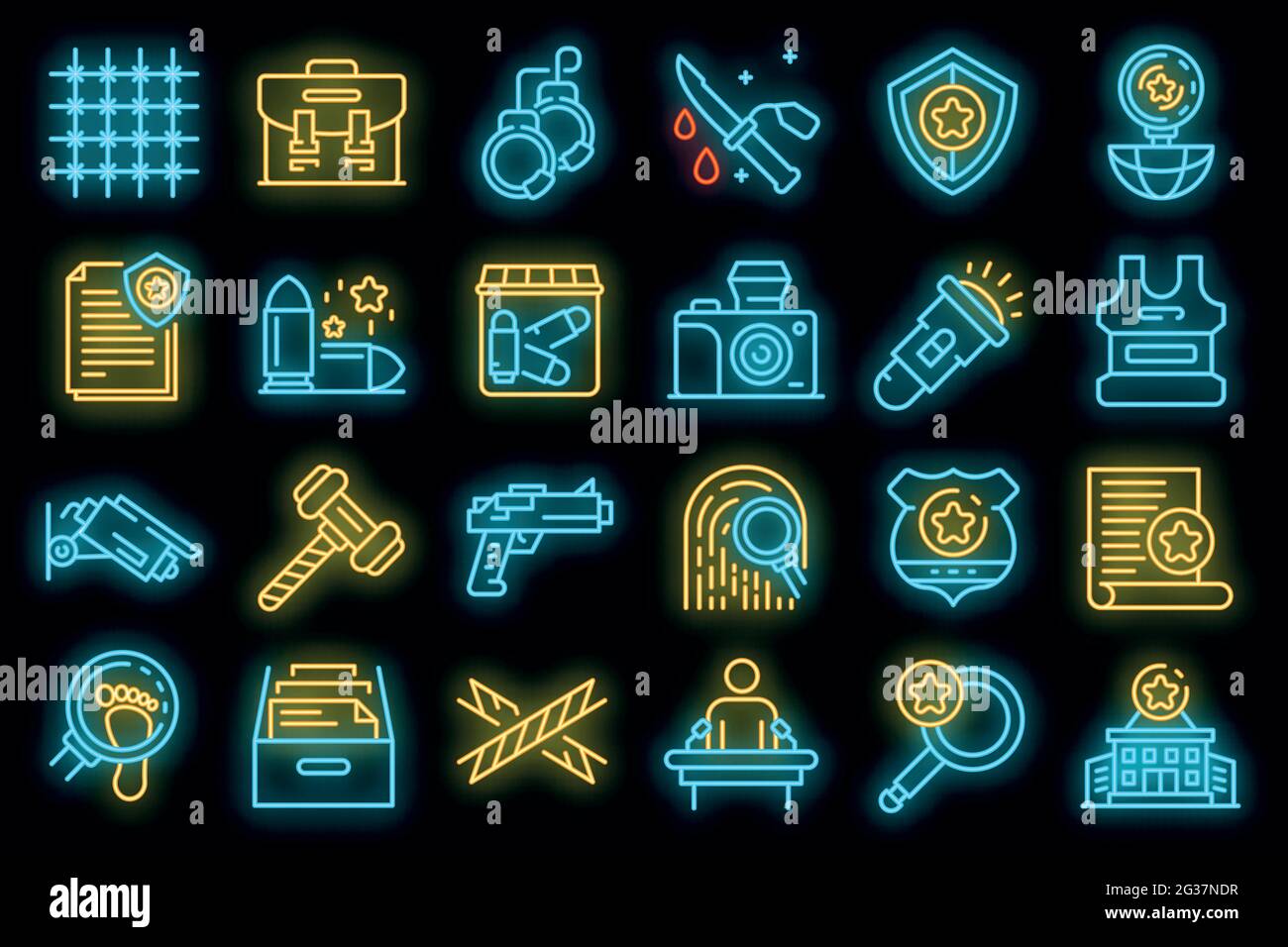 Investigator icons set. Outline set of investigator vector icons neon ...