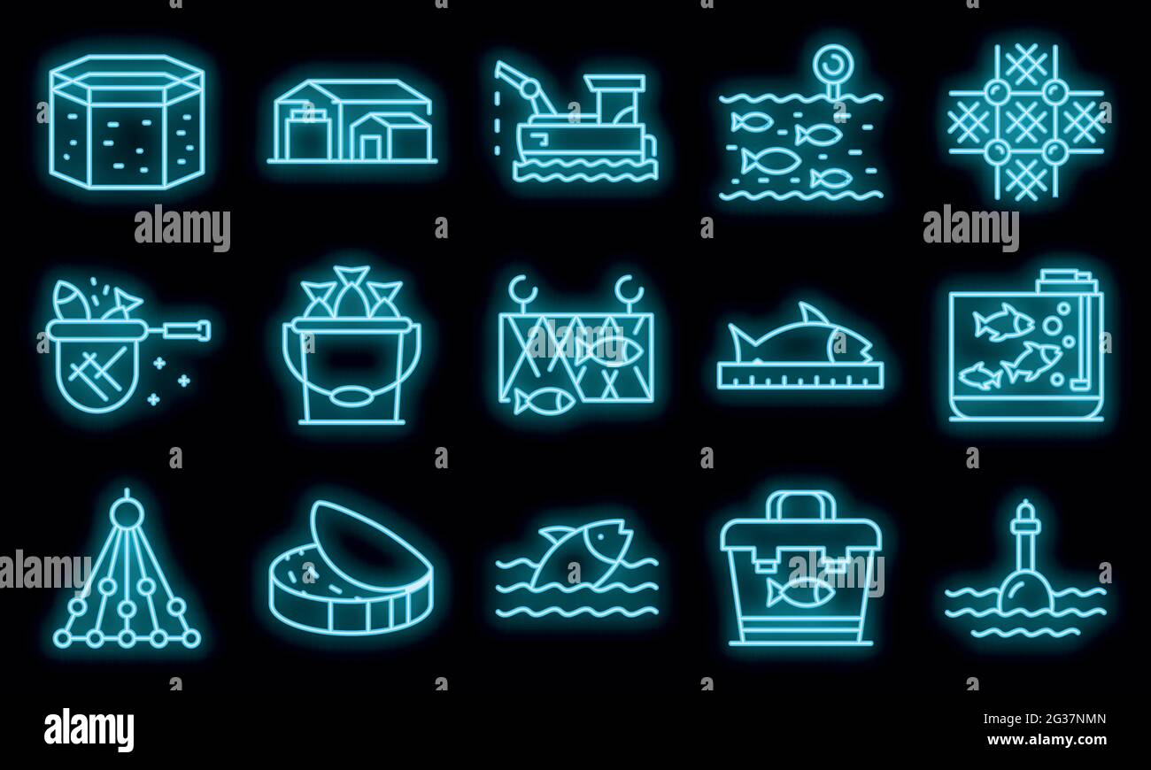 Fish farm icons set. Outline set of fish farm vector icons neon color ...