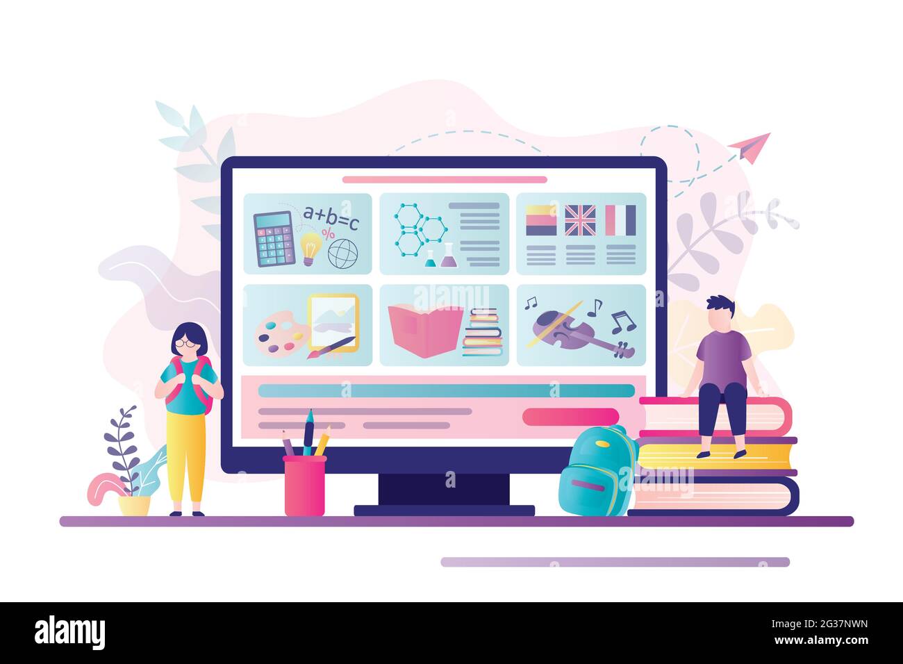 Different education courses on computer screen. Schoolgirl and ...