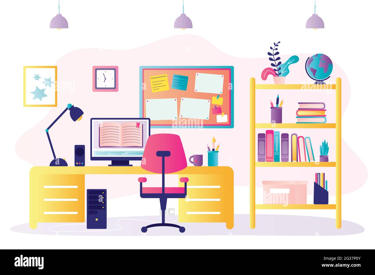 Room of child. Workplace interior design. Computer and lamp on desk ...