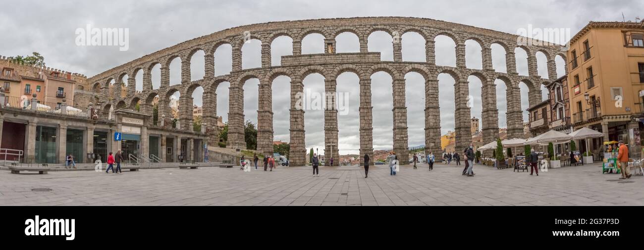 Segovia / Spain - 05 12 2021: Panoramic view at the towering roman ...