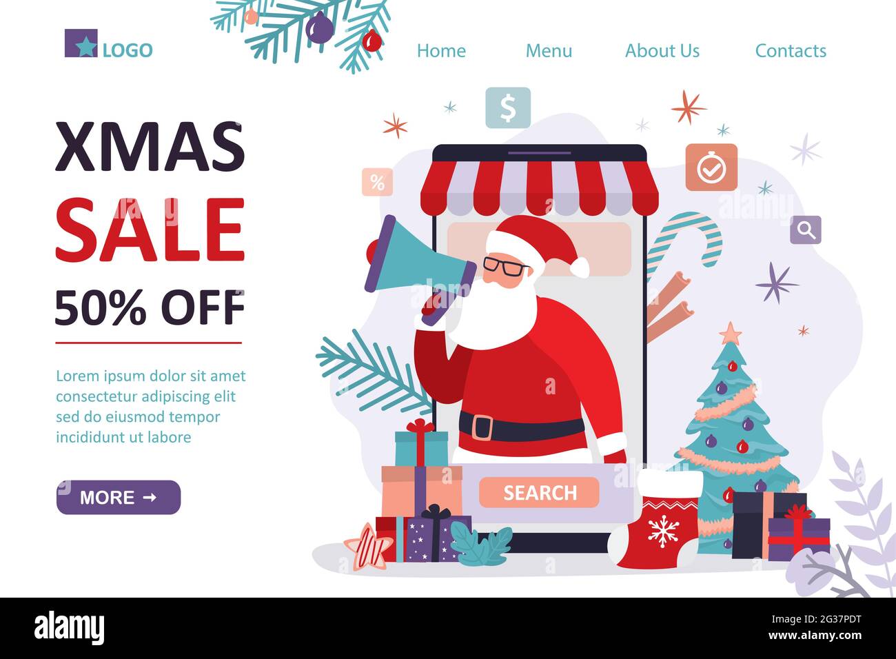 Xmas sale, 50% off, landing page template. Technology of online winter ...