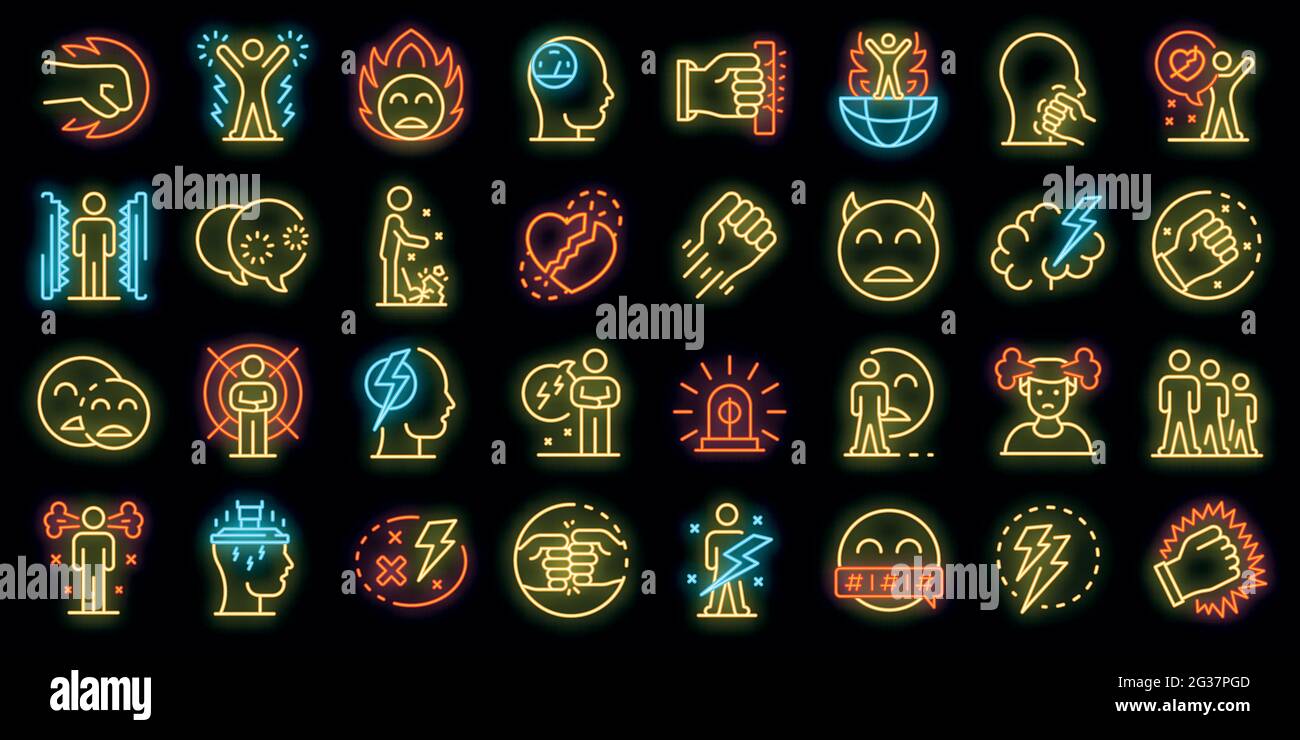 Rage icons set. Outline set of rage vector icons neon color on black ...