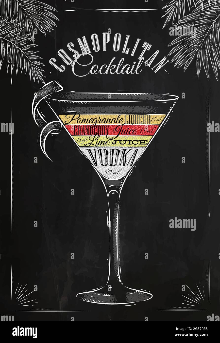 Cosmopolitan cocktail in vintage style stylized drawing with chalk on ...