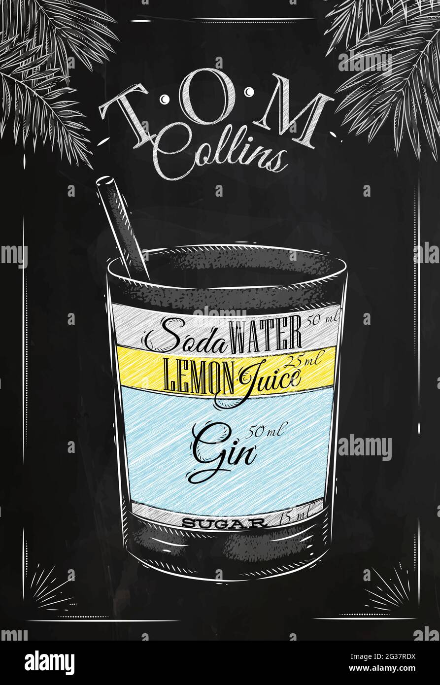 Tom Collins cocktail in vintage style stylized drawing with chalk on ...