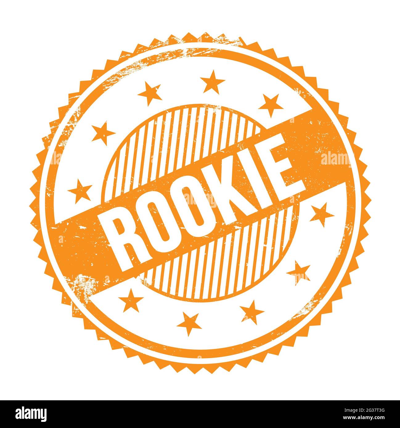 ROOKIE text written on orange grungy zig zag borders round stamp Stock ...