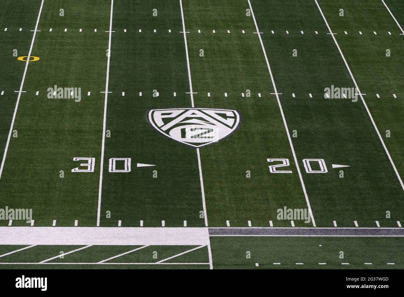 A general view of the Pac-12 Conference logo on the field at Autzen ...