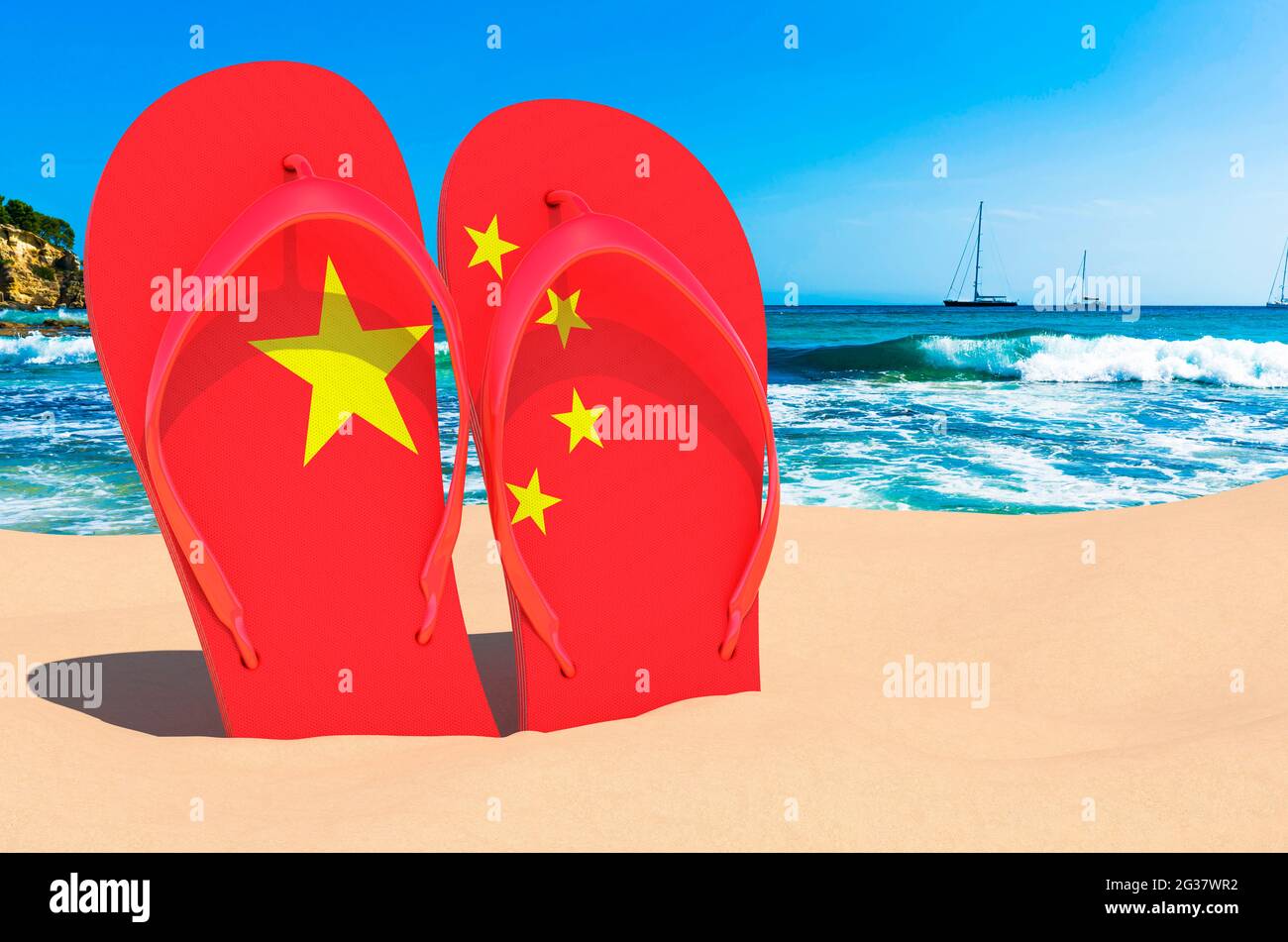Flip flops with Chinese flag on the beach. China resorts, vacation ...