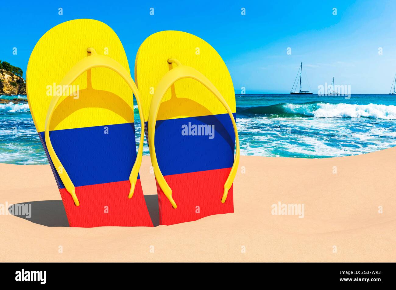 Flip flops with Colombian flag on the beach. Colombia resorts, vacation ...