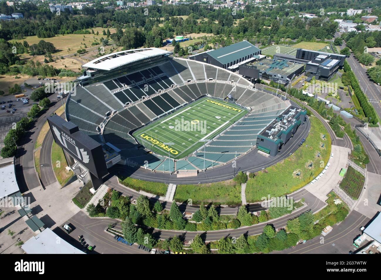 An aerial view of Autzen Stadium on the campus of University of Oregon ...