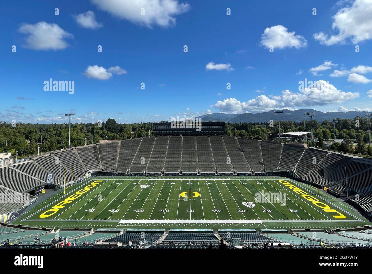 A general view of the Oregon Ducks logo at midfield at Autzen Stadium ...