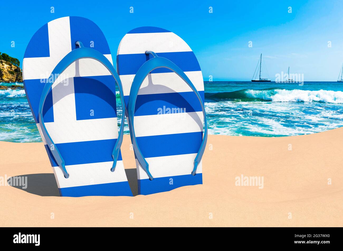 Flip flops with Greek flag on the beach. Greece resorts, vacation ...