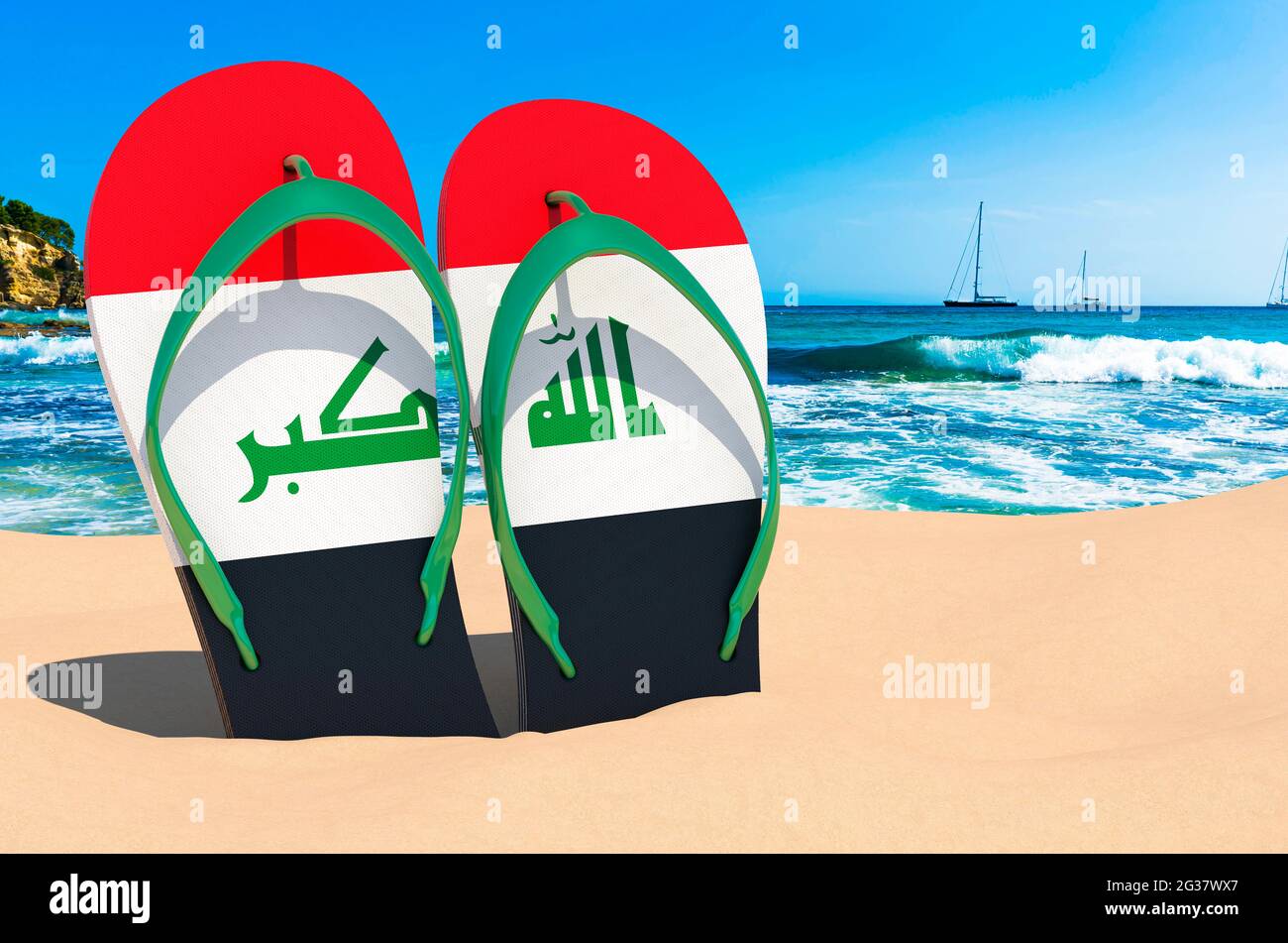 Flip flops with Iraqi flag on the beach. Iraq resorts, vacation, tours ...