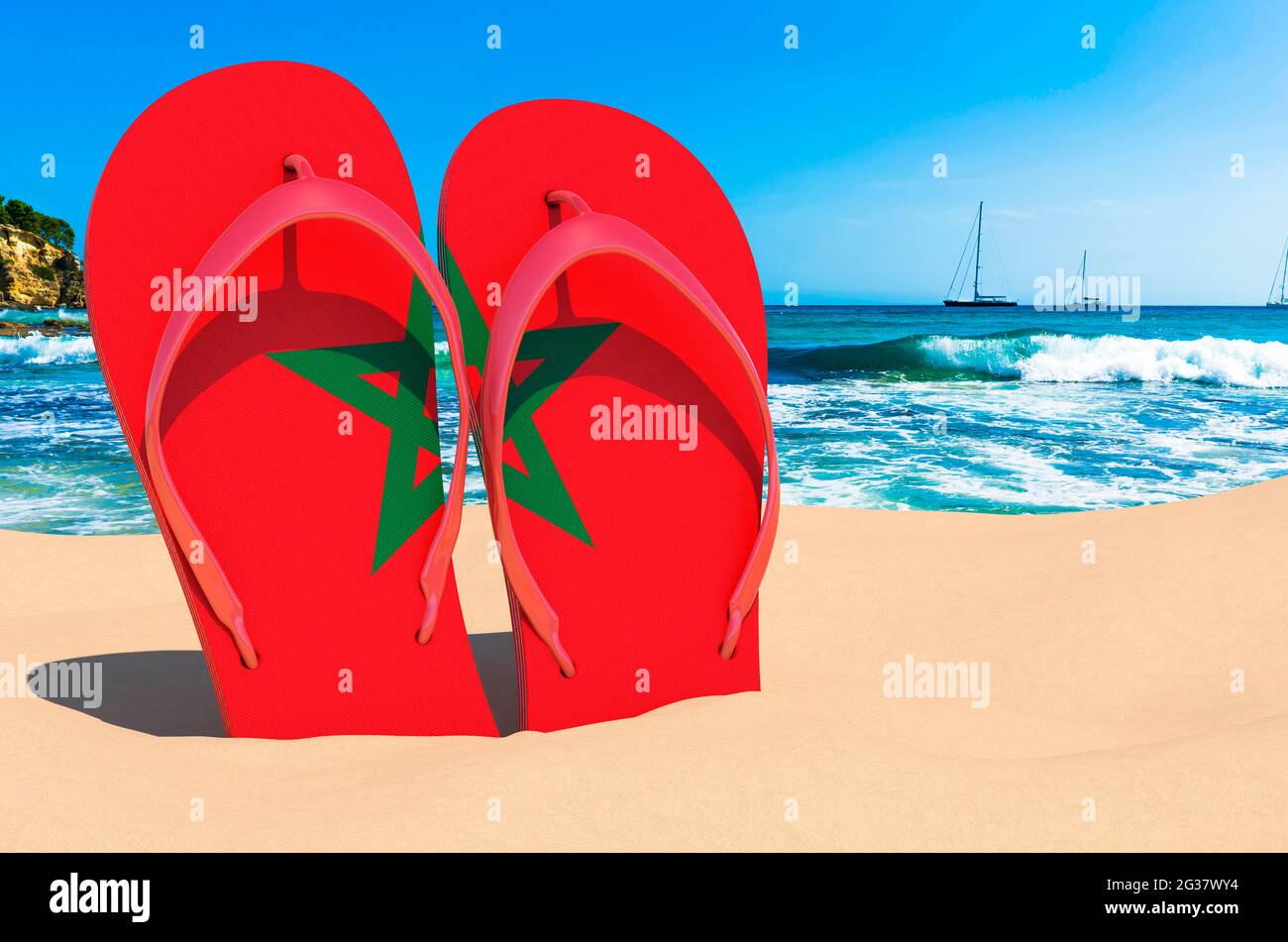 Flip flops with Moroccan flag on the beach. Morocco resorts, vacation ...