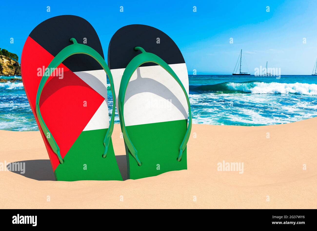 Flip flops with Palestinian flag on the beach. Palestine resorts ...