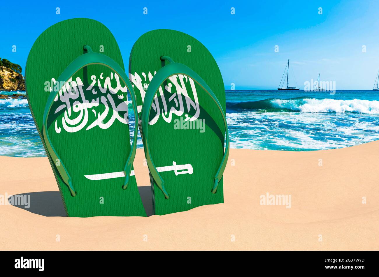 Flip flops with Saudi Arabian flag on the beach. Saudi Arabia resorts ...