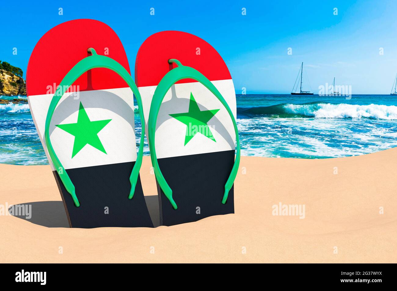Flip flops with Syrian flag on the beach. Syria resorts, vacation ...