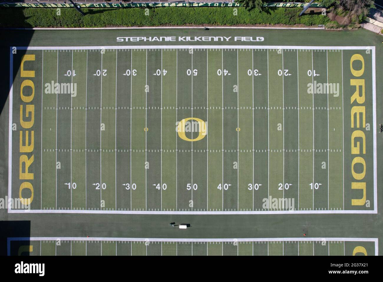 Ana aerial view of the Oregon Ducks logo at midfield of the Stephanie ...