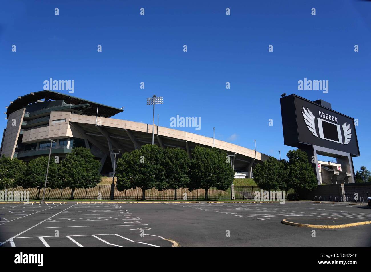A general view of the Autzen Stadium scoreboard on the campus of ...