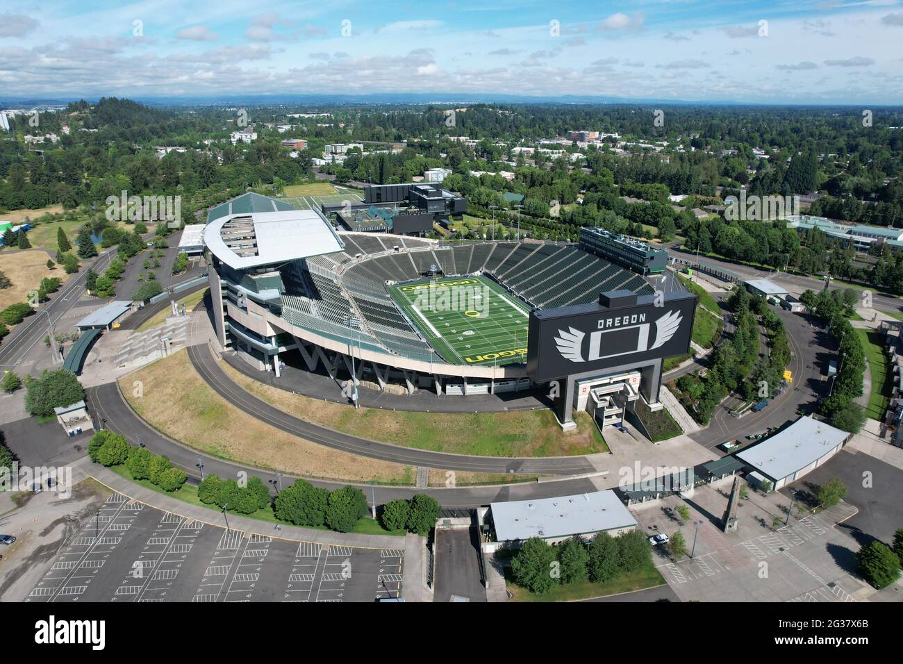 An aerial view of Autzen Stadium on the campus of University of Oregon ...