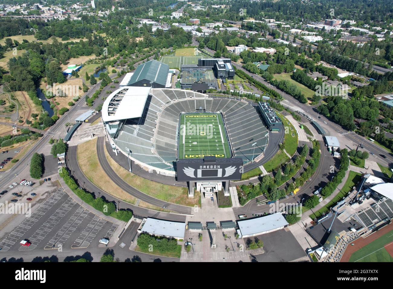 An aerial view of Autzen Stadium on the campus of University of Oregon ...