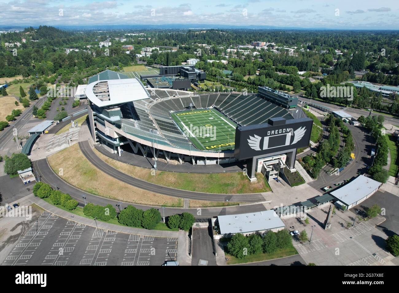 An aerial view of Autzen Stadium on the campus of University of Oregon ...