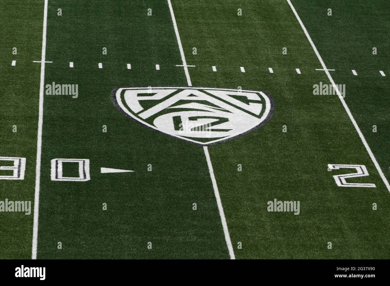 A general view of the Pac-12 Conference logo on the field at Autzen ...