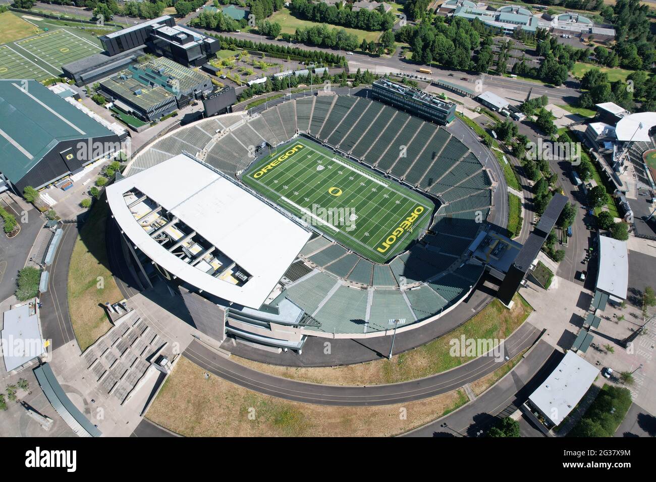 An aerial view of Autzen Stadium on the campus of University of Oregon ...