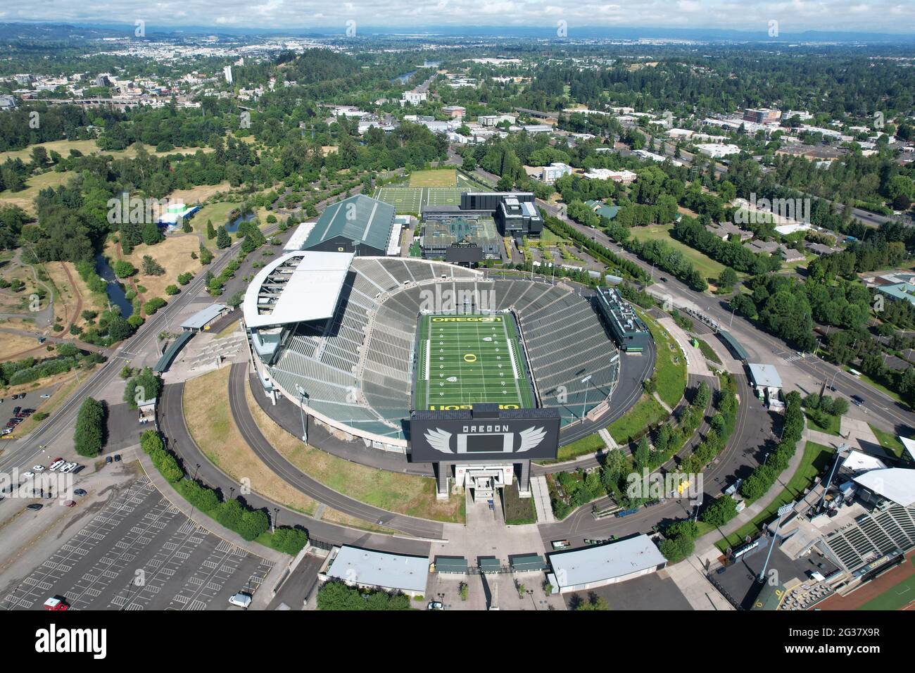 An aerial view of Autzen Stadium on the campus of University of Oregon ...