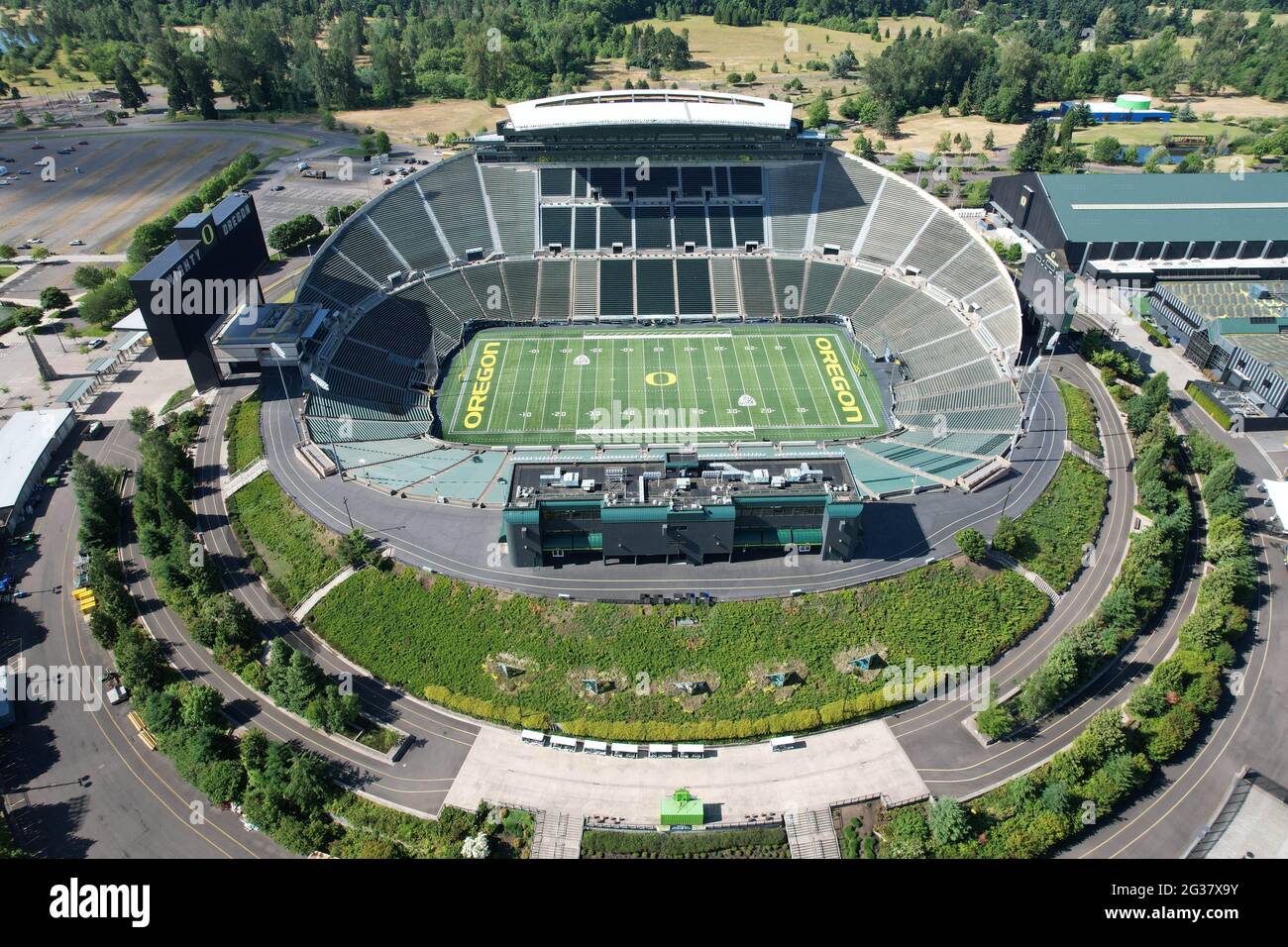 An aerial view of Autzen Stadium on the campus of University of Oregon ...