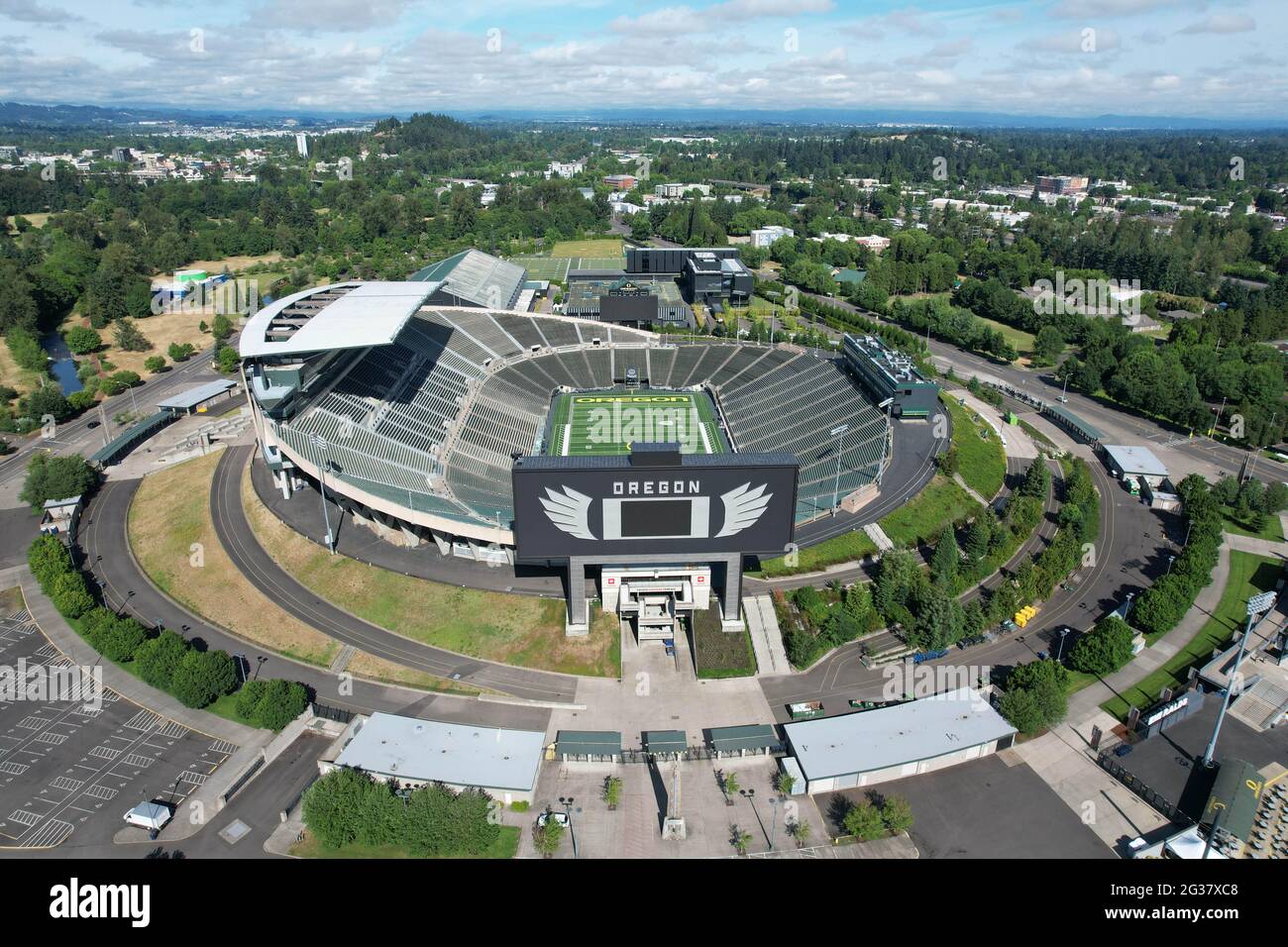 An aerial view of Autzen Stadium on the campus of University of Oregon ...