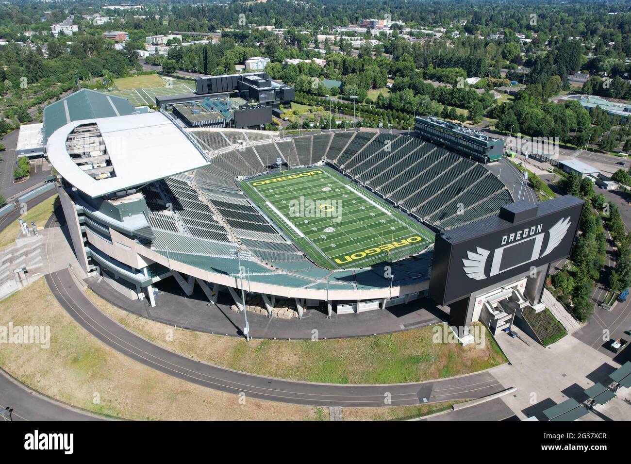 An aerial view of Autzen Stadium on the campus of University of Oregon ...