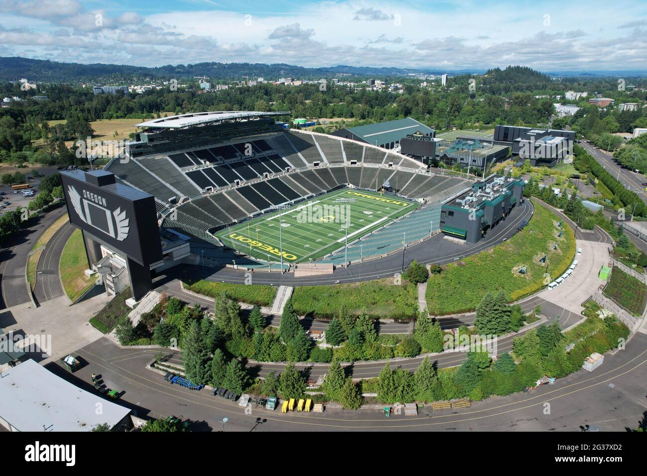 An aerial view of Autzen Stadium on the campus of University of Oregon ...