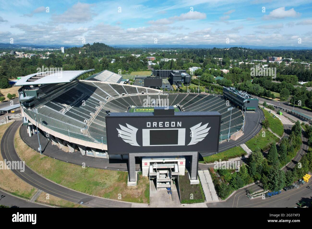 An aerial view of Autzen Stadium on the campus of University of Oregon ...