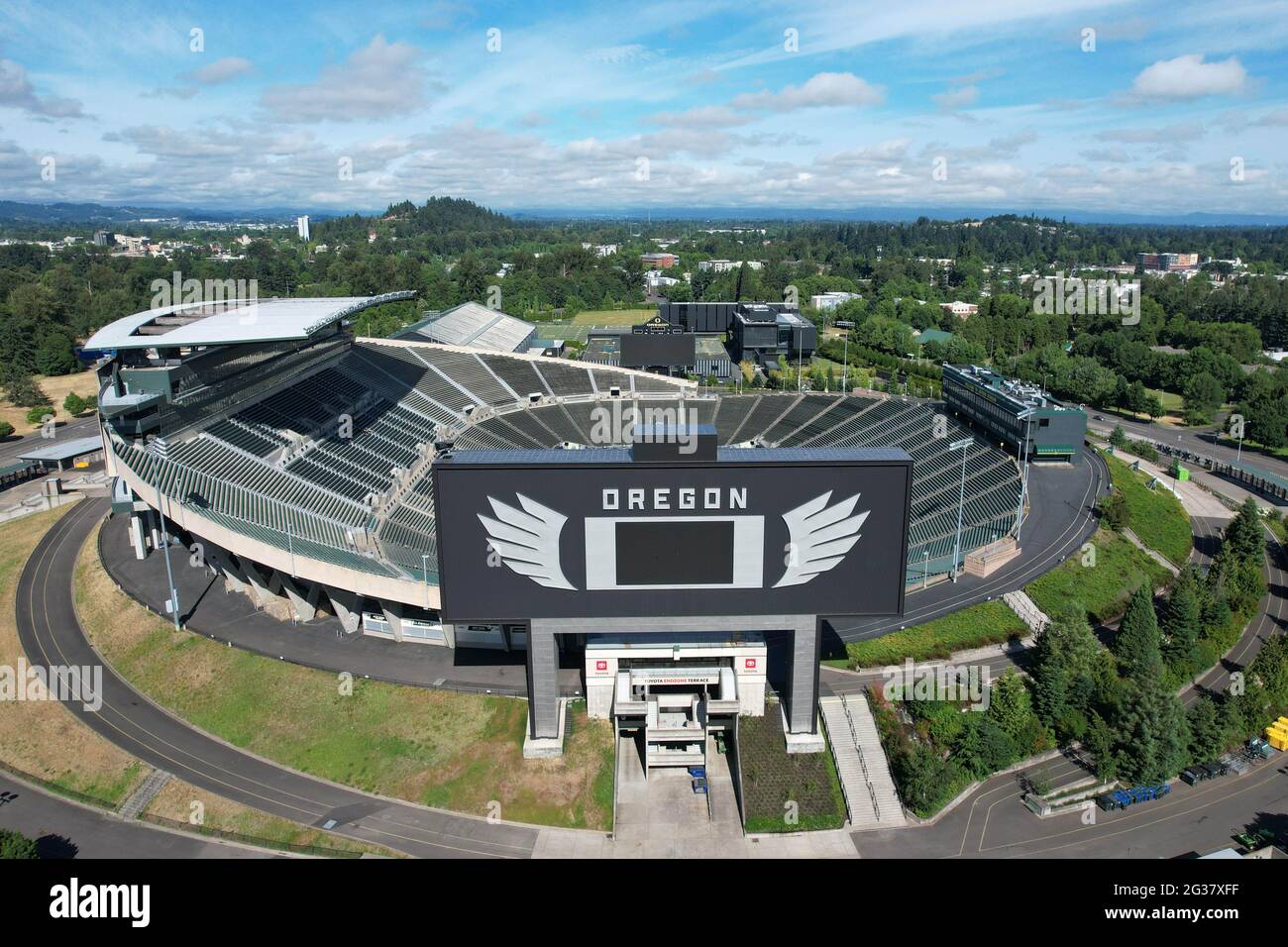 An aerial view of Autzen Stadium on the campus of University of Oregon ...