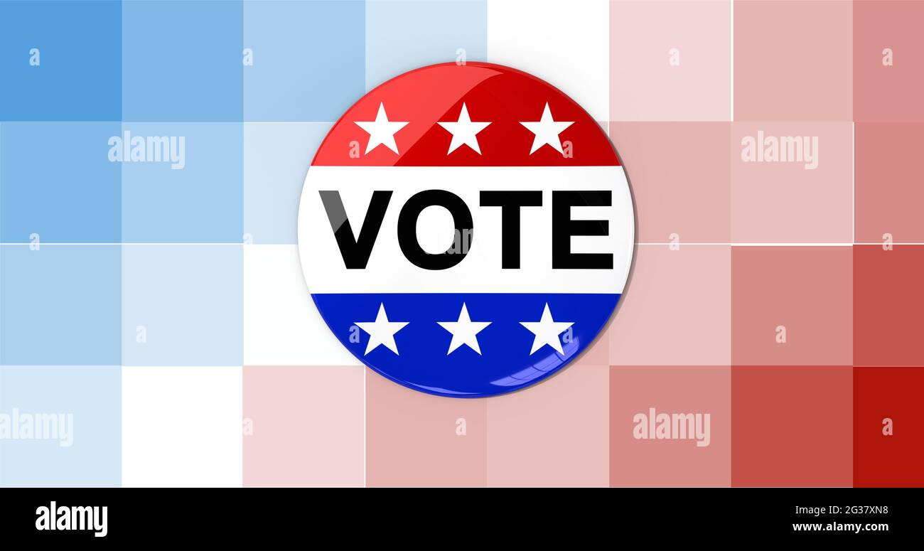 Composition of vote text on american flag badge on pixelated background ...