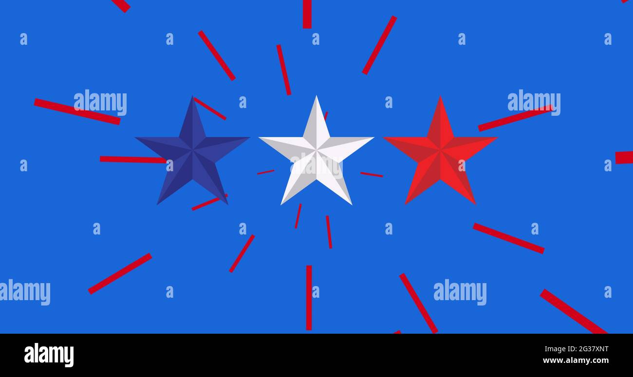 Composition of three stars in american flag colours on blue background ...