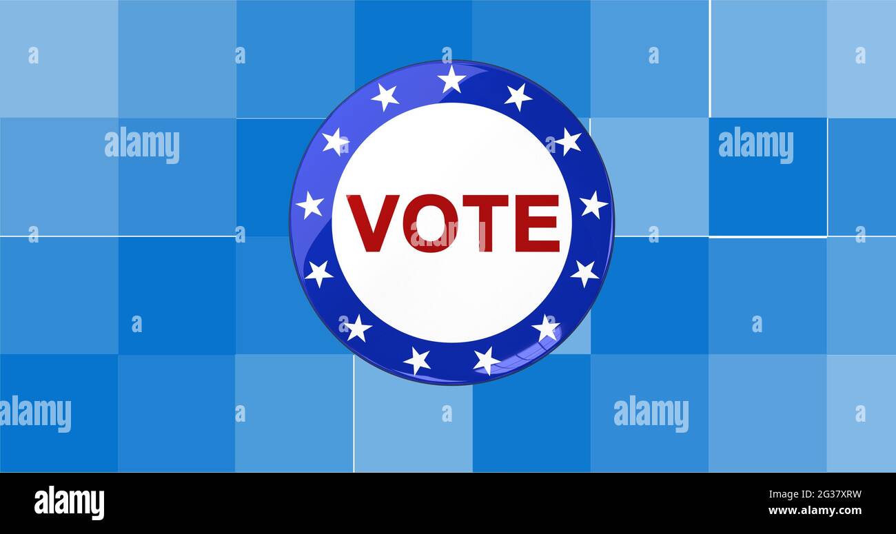 Composition of vote text on badge with american flag stars on pixelated ...