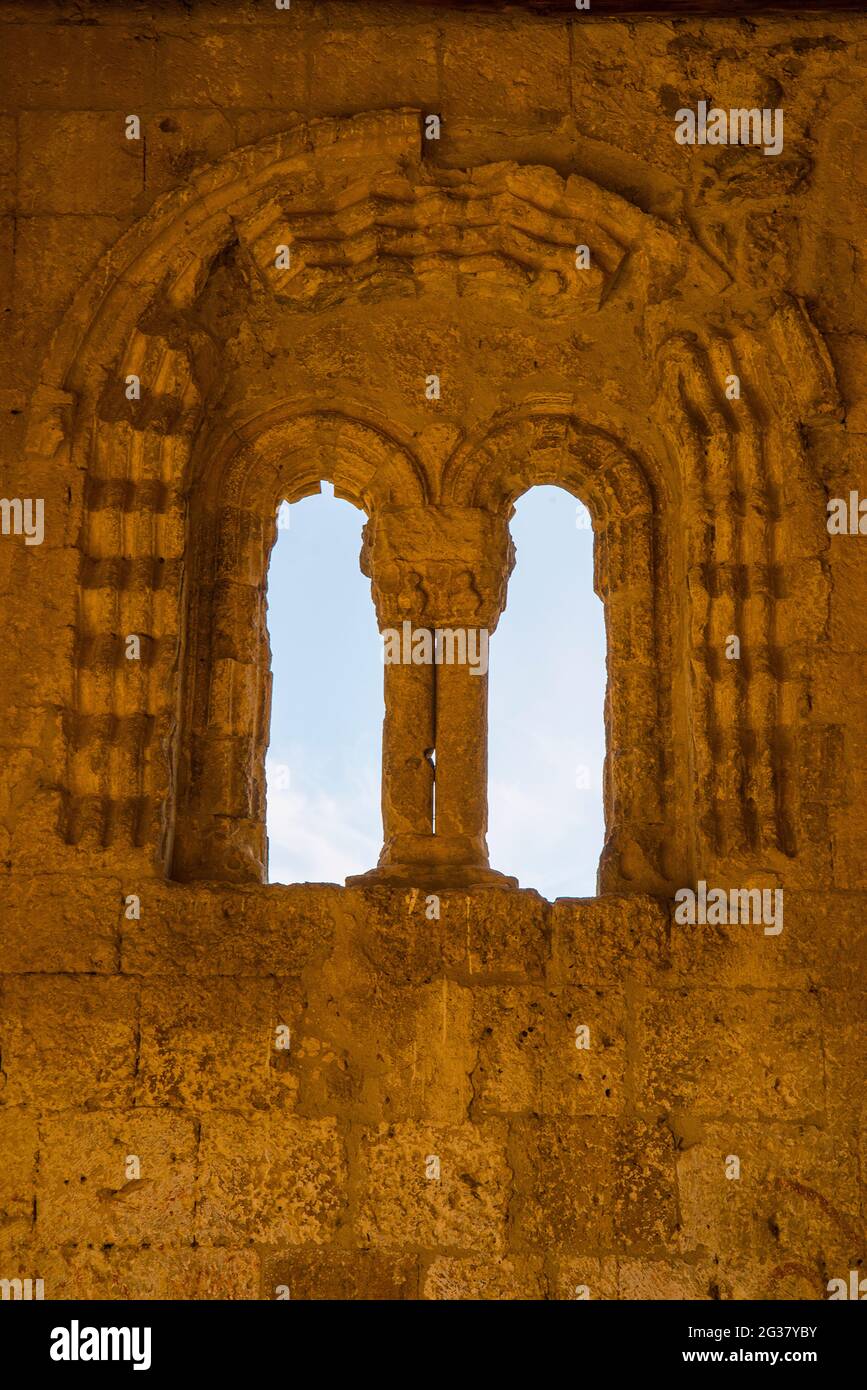 Romanesque window of the church. Sotosalbos, Segovia province, Castilla ...