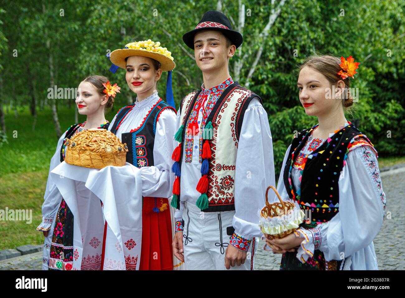 BEREHOVE, UKRAINE - JUNE 13, 2021 - People in national costumes attend ...