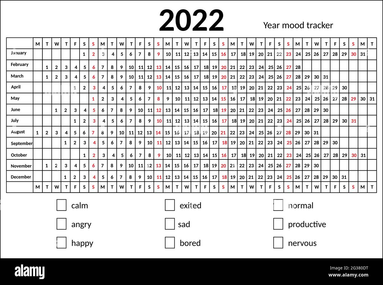 Calendar mood tracker grid 2022 year. Vector design with black line and ...