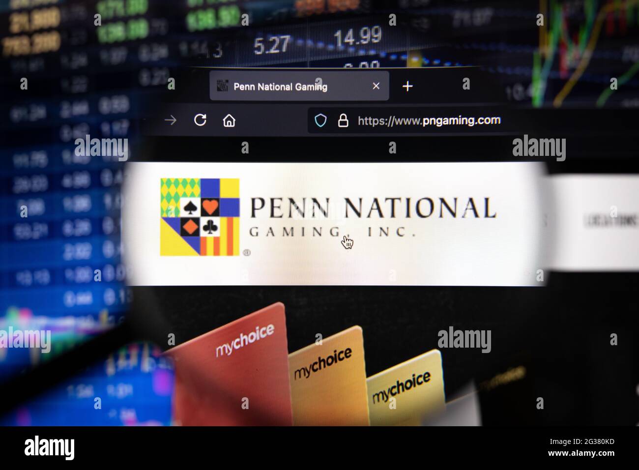 Penn National company logo on a website with blurry stock market ...