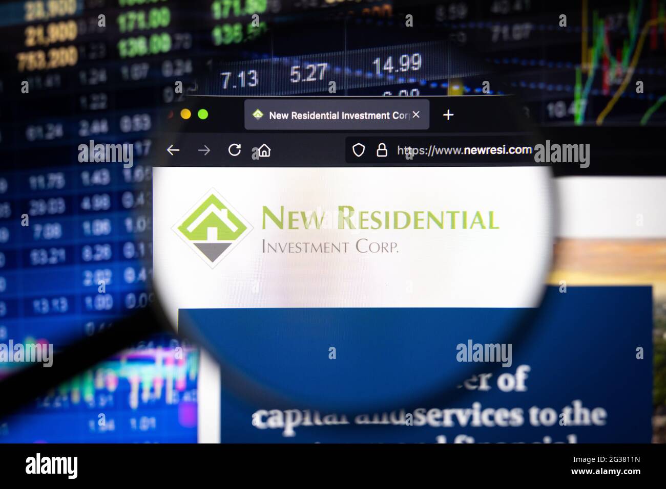 New Residential Inv company logo on a website with blurry stock market ...