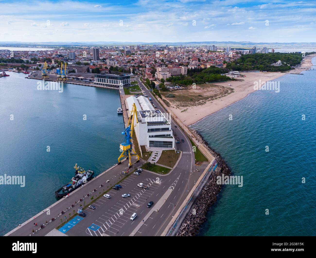 Aerial view of city of Burgas, View of Burgas Bay and the seaport of ...