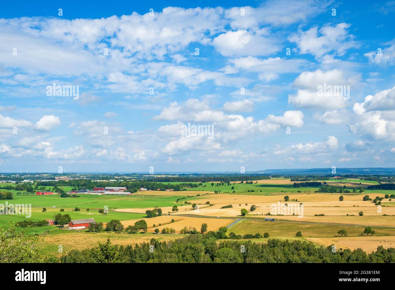 Cultivated area with farms and fields from an aerial view Stock Photo ...